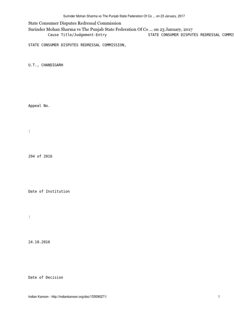 Surinder Mohan Sharma Vs The Punjab State Federation of Co ... On 23 ...