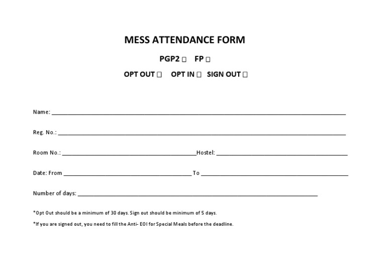 Mess Attendance Form: Pgp2 FP | PDF