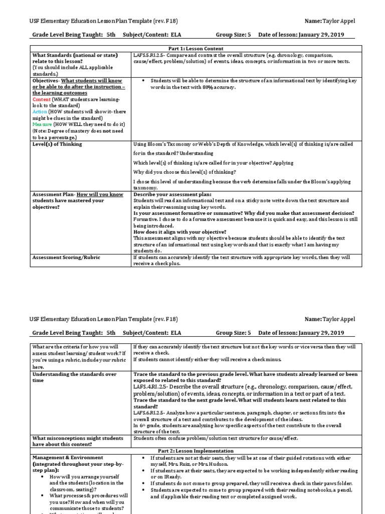 Name: Taylor Appel Grade Level Being Taught: 5th Subject/Content: ELA ...