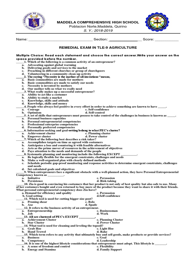 TLE-9 Agriculture Remedial Exam Guide | PDF | Tractor | Plough