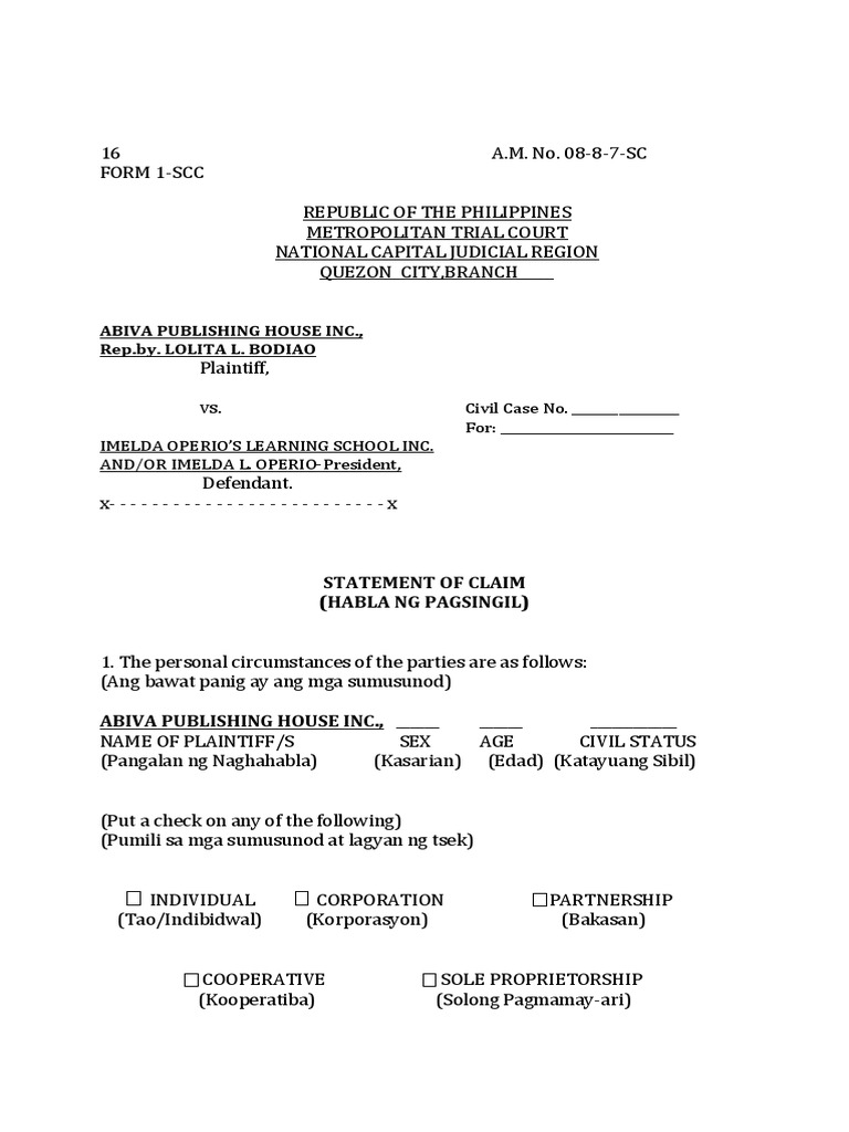 New Small Claim Form | PDF | Lawsuit | Complaint