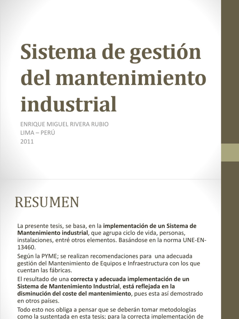 Sistema de Gestión Del Mantenimiento Industrial | PDF | Planificación | Calidad (comercial)