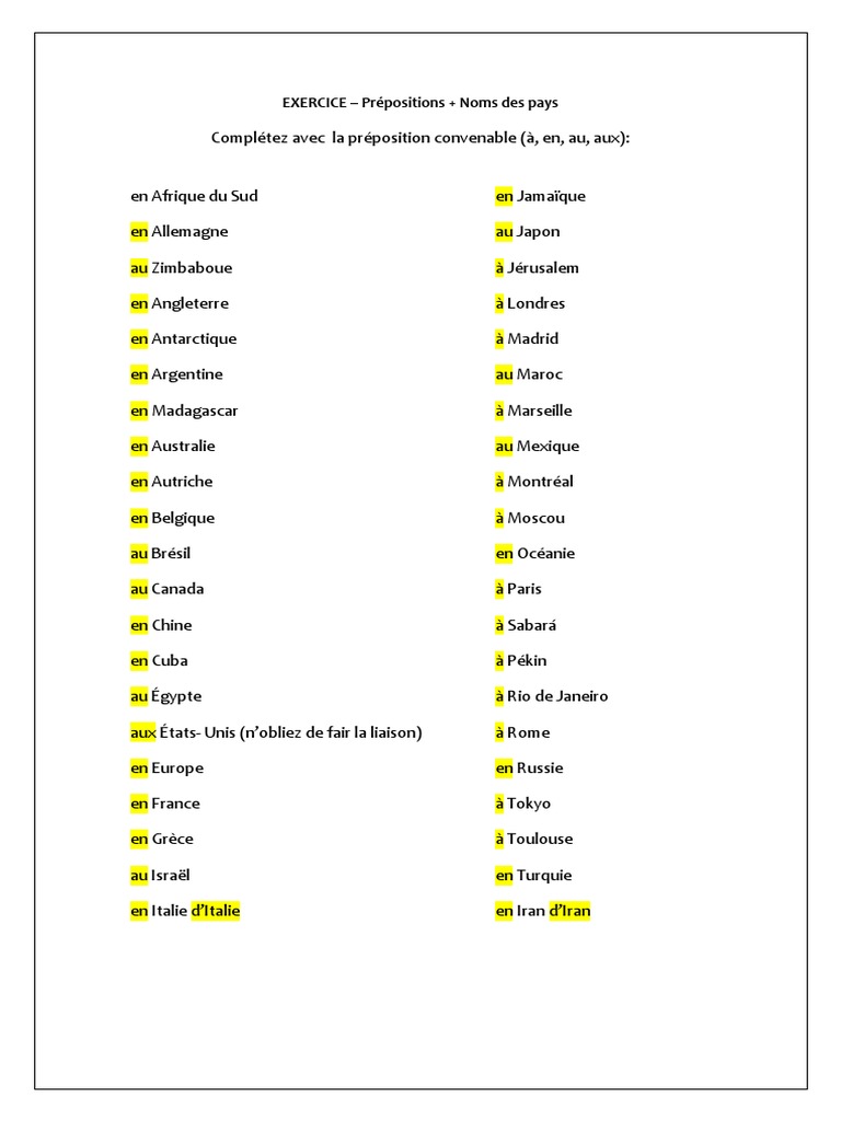 EXERCICIOS FRANCES Prepositions Noms Des Pays Et Villes PDF | PDF | Des ...