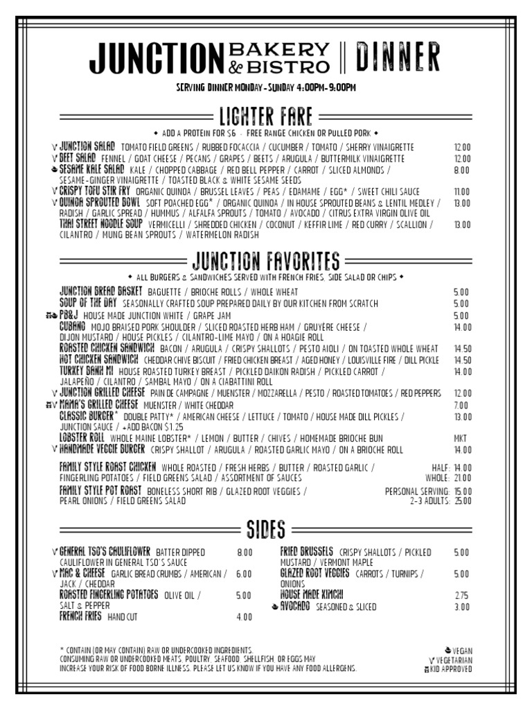 Junction Dinner Menu | PDF | Hamburgers | Pickling