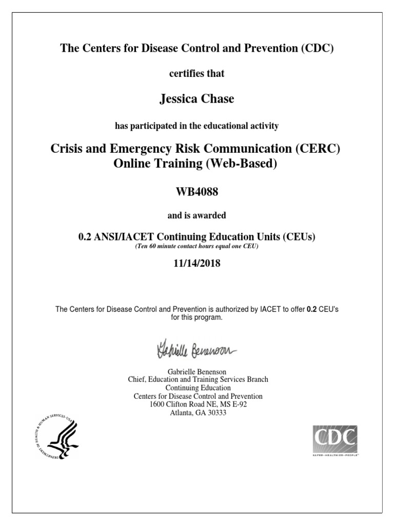 CDC CERC Training Certificate for Jessica Chase | PDF