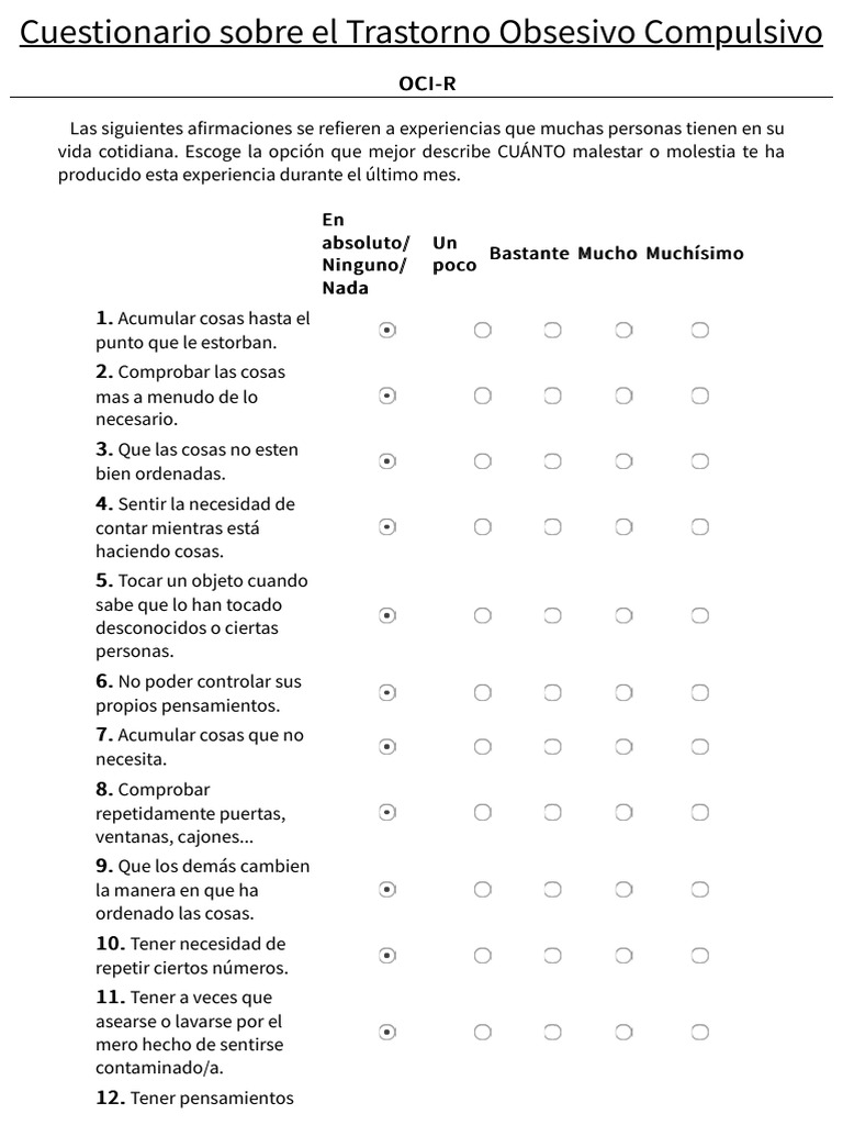 Cuestionario OCI R | Psicología