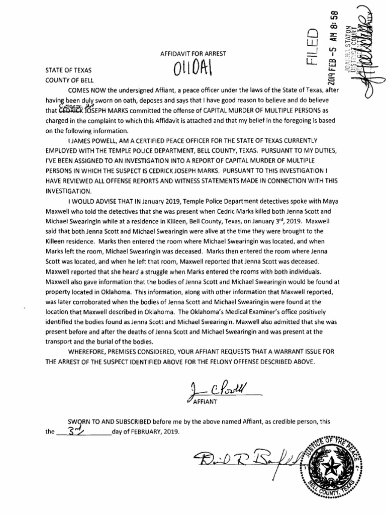Cedric Marks Arrest Affidavit For Capital Murder | PDF