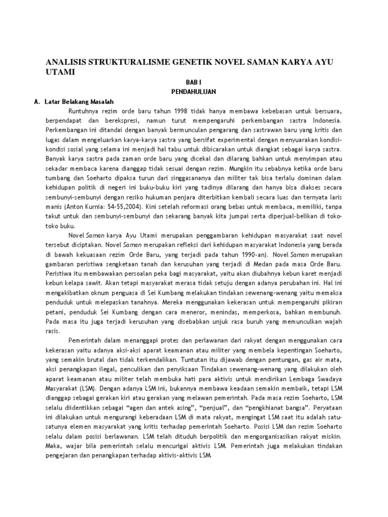 Analisis Strukturalisme Genetik Novel Saman Karya Ayu Utami | PDF