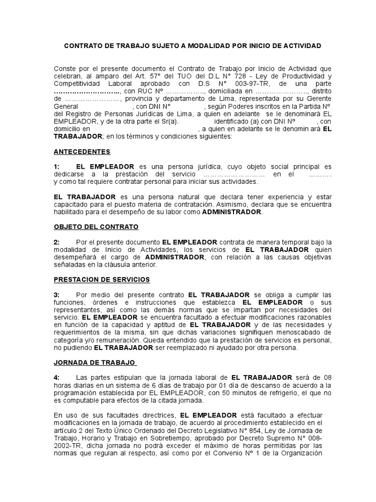 Modelo de Contrato Inicio de Actividades | PDF | Derecho laboral | Tiempo de trabajo