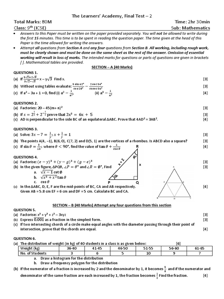 ICSE Class 9 Maths Final Test Paper | PDF | Fraction (Mathematics ...