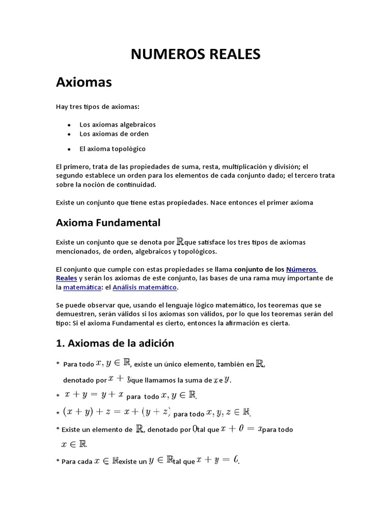 Axiomas Numeros Reales | PDF | Axioma | Conjunto (Matemáticas)