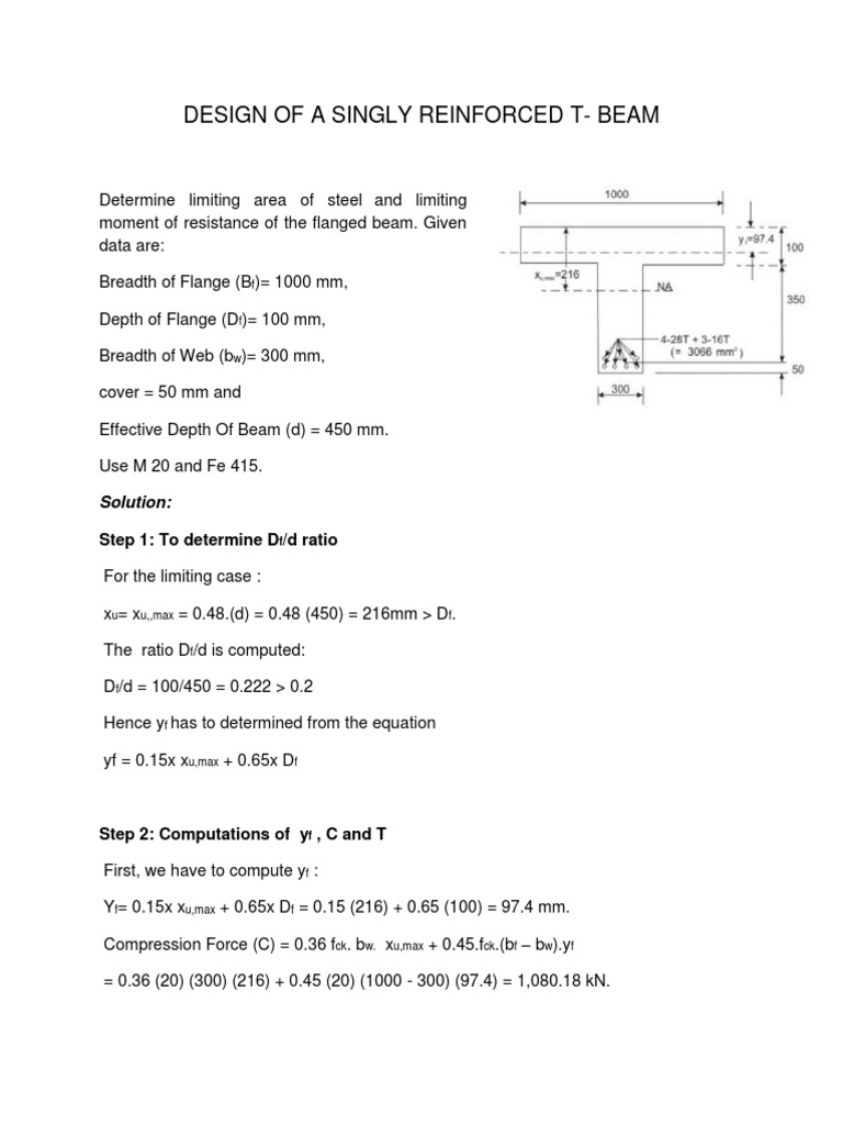 Design of A Singly Reinforced T-Beam | PDF