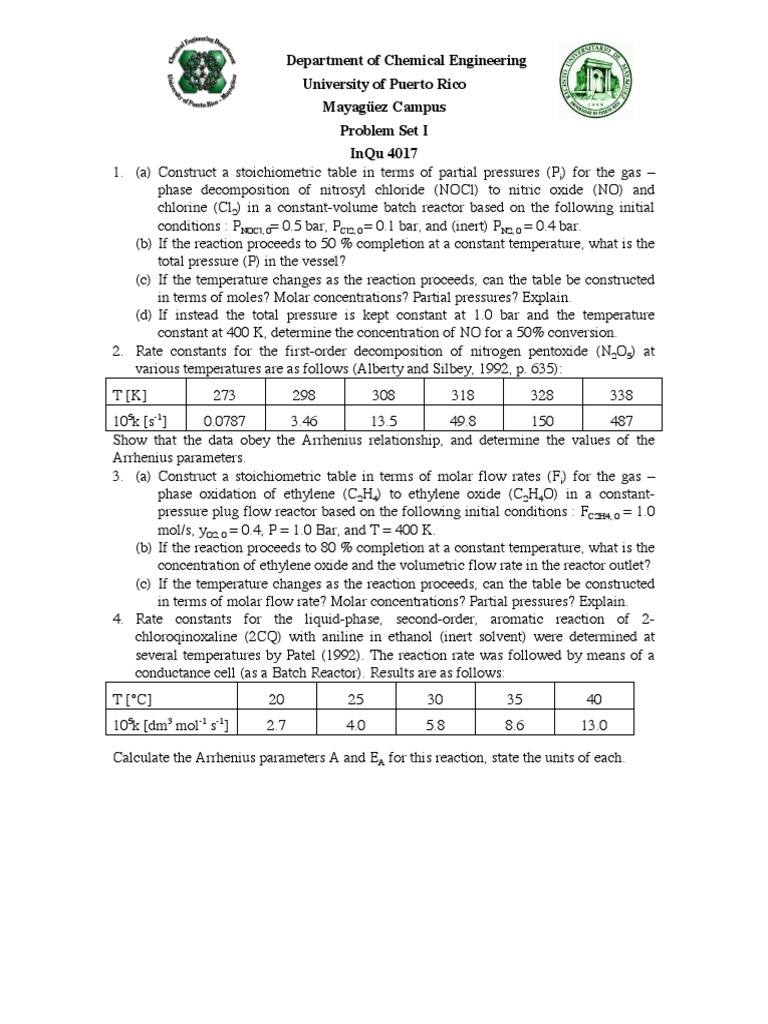 InQu 4017 ProbSet 1 PDF | PDF | Mole (Unit) | Chemical Reactions