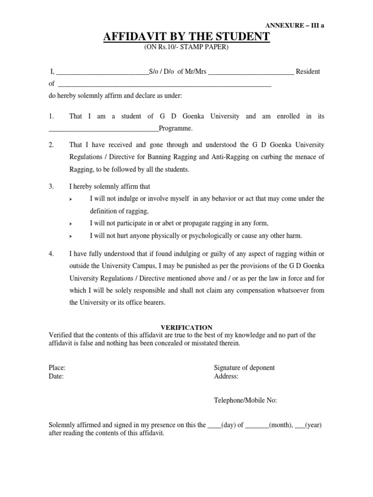 Affidavit by The Student: Annexure - Iii A | PDF | Affidavit | Public Law