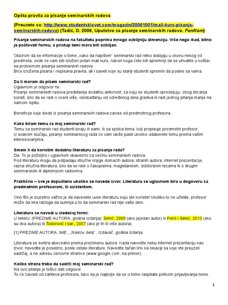 Opsta Pravila Za Pisanje Seminarskih Radova | PDF