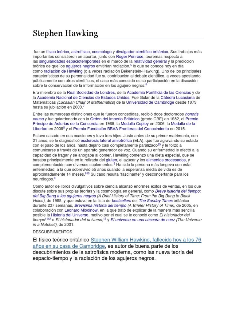 Stephen Hawking. Biografia | PDF | Stephen Hawking | Cosmología Física
