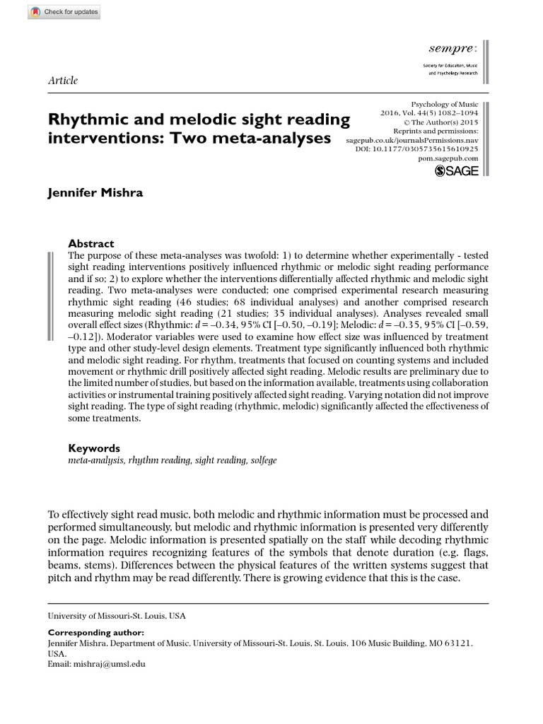 Rhythmic and Melodic Sight Reading Interventions: Two Meta-Analyses ...