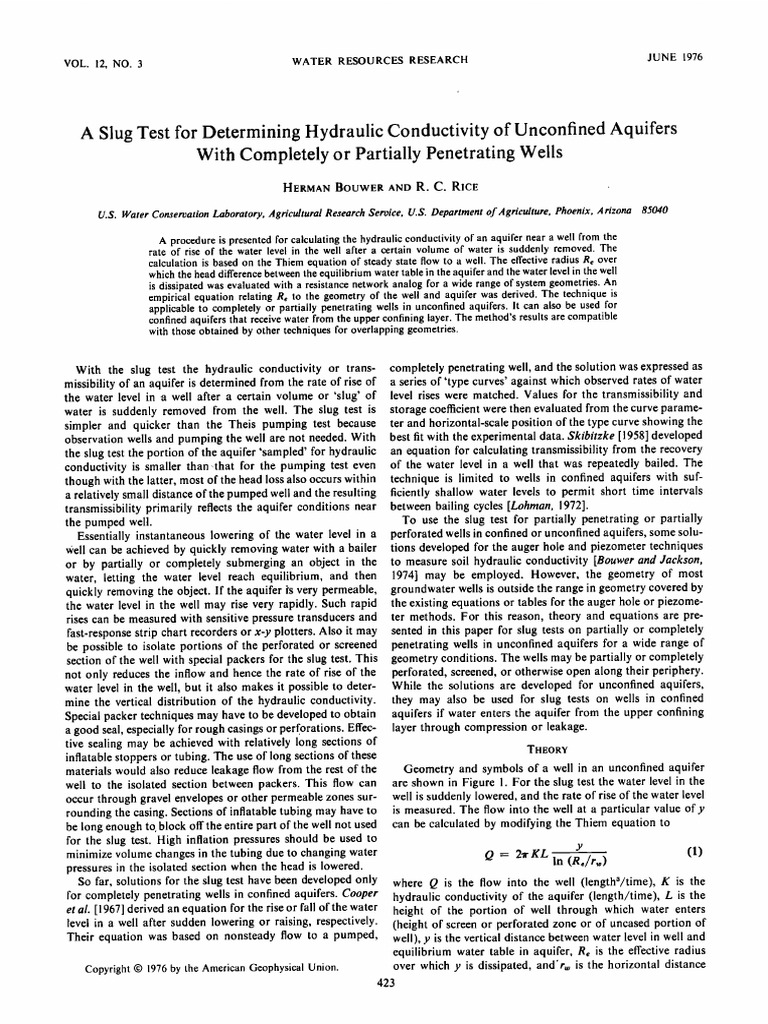 H. Bouwer and R. C. Rice Slug Testing | PDF | Aquifer | Groundwater H. Bouwer and R. C. Rice Slug Testing | PDF | Aquifer | Groundwater