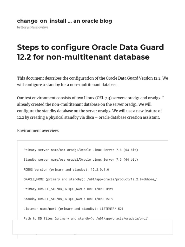 Steps To Configure Oracle Data Guard 12.2 For Non-Multitenant Database | PDF | Oracle Database ...