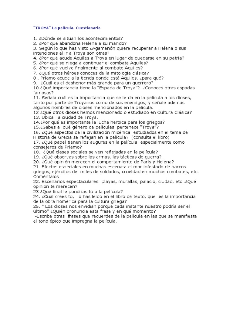 TROYA. Cuestionario Sobre La Película | PDF