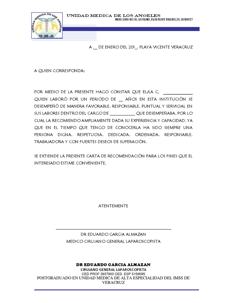 Carta De Recomendacion Para Trabajo Medico