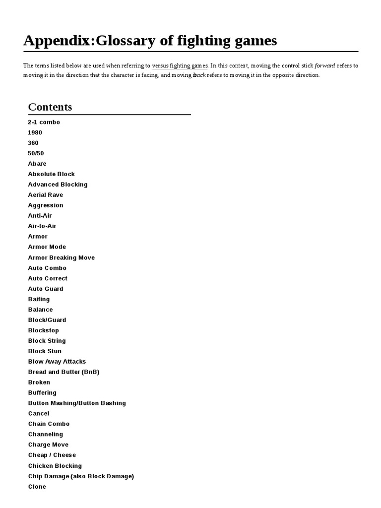 Fighting Game Terminology Glossary | PDF | Sports | Leisure