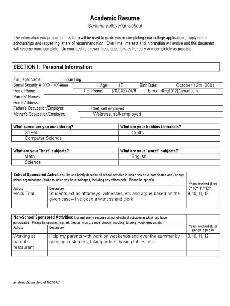 Academic Resume of Lillian Ling | PDF | Sat | Résumé