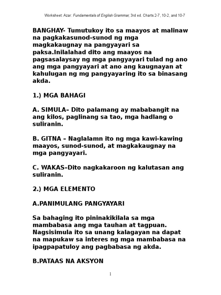 Banghay Ng Mga Pangyayari In English