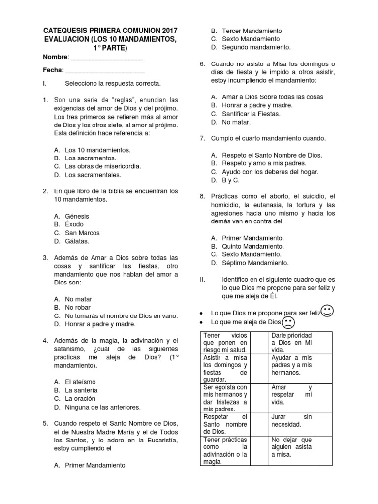 Evaluación de los 10 Mandamientos para Niños | PDF | Diez Mandamientos ...