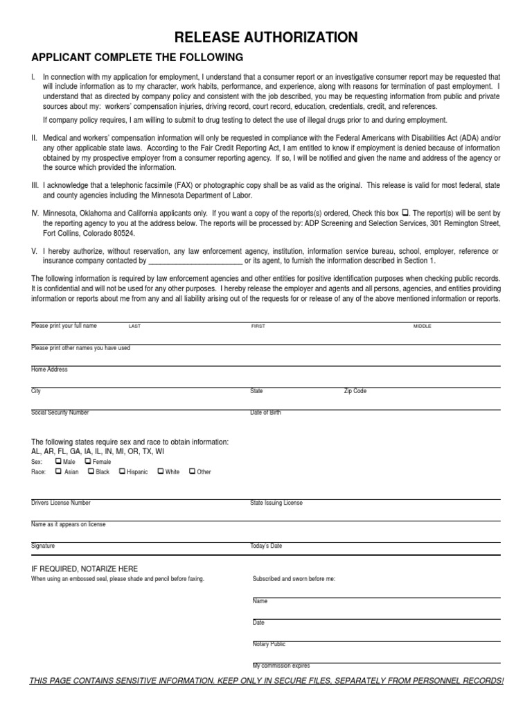 ADP Release Authorization | PDF | Americans With Disabilities Act Of ...