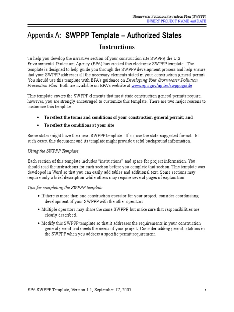 Appendix A: SWPPP Template - Authorized States: Instructions | PDF ...
