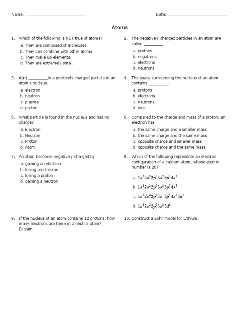 Atoms (Grade 8) - Free Printable Tests and Worksheets | PDF | Atoms | Ion