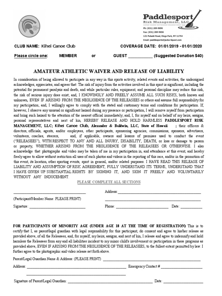 2019prm KCC Waiver Print | PDF | Indemnity | Legal Guardian