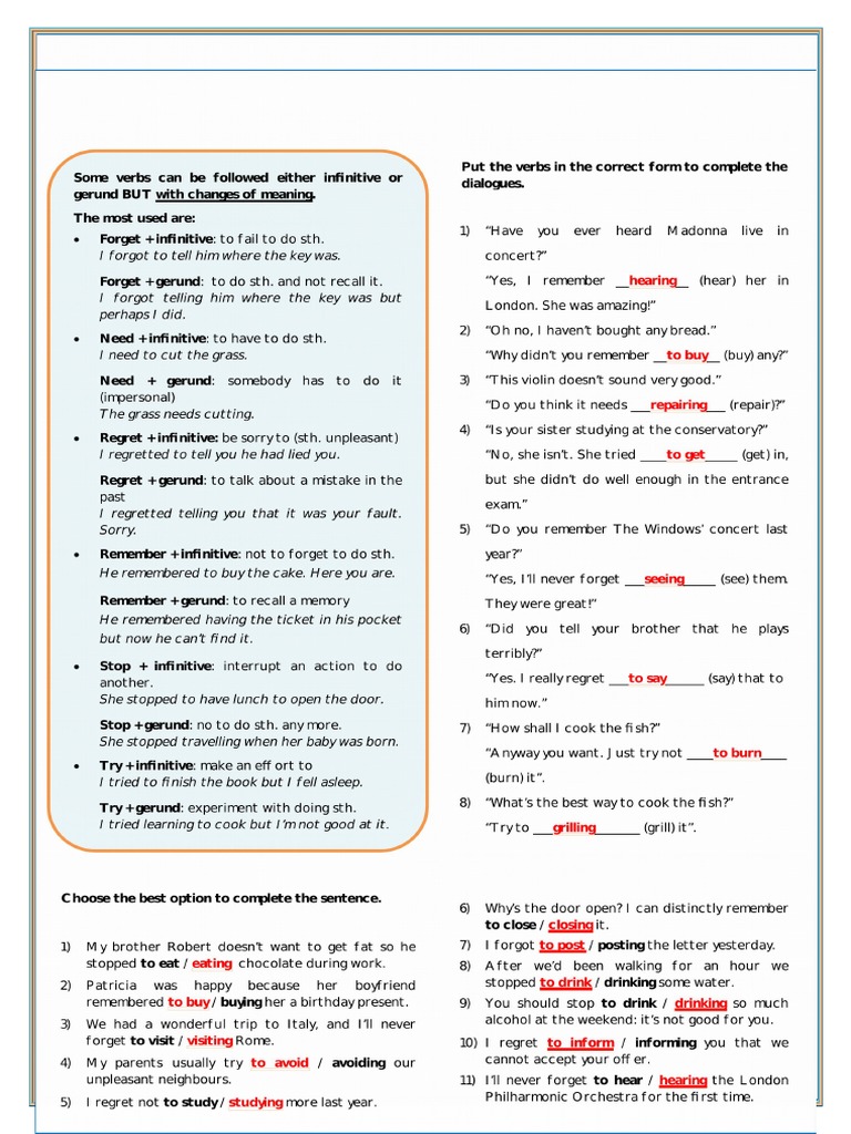 Gerund and Infinitive With Changes of Meaning Grammar Drills ...