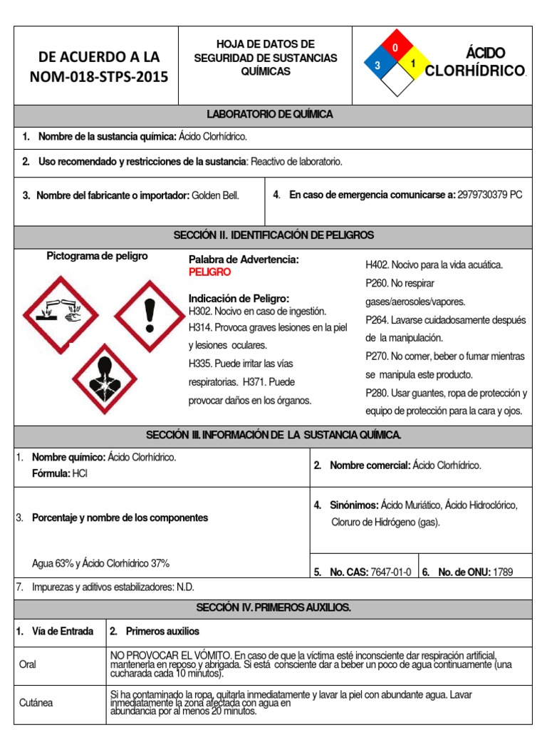 HOJA DE SEGURIDAD ACIDO CLORHIDRICO | Ácido clorhídrico | Hidrógeno
