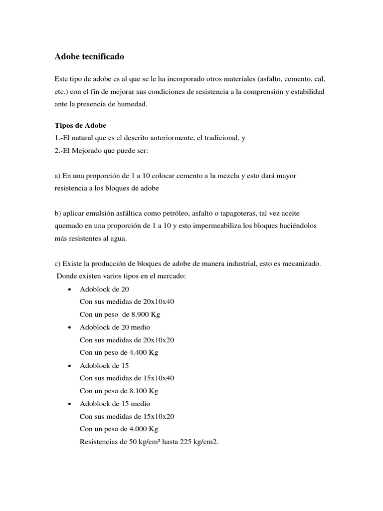 Tipos y ventajas del adobe tecnificado | PDF | Materiales de ...