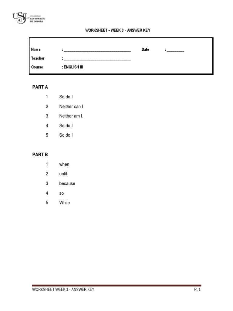 Worksheet Week 3 Answer Key | PDF