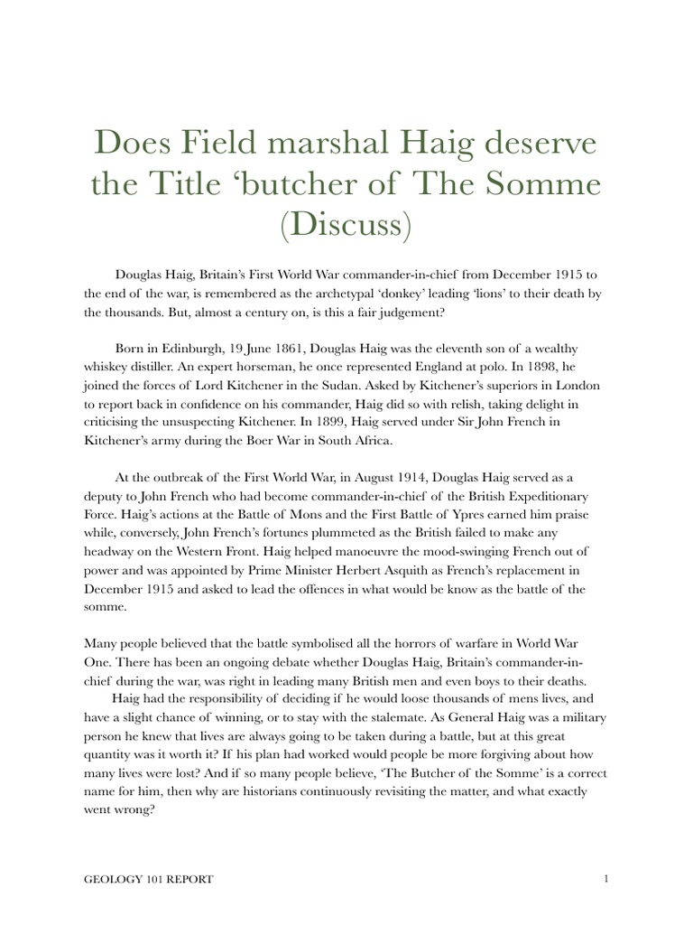 Does Field Marshal Haig Deserve The Title Butcher of The Somme | PDF ...