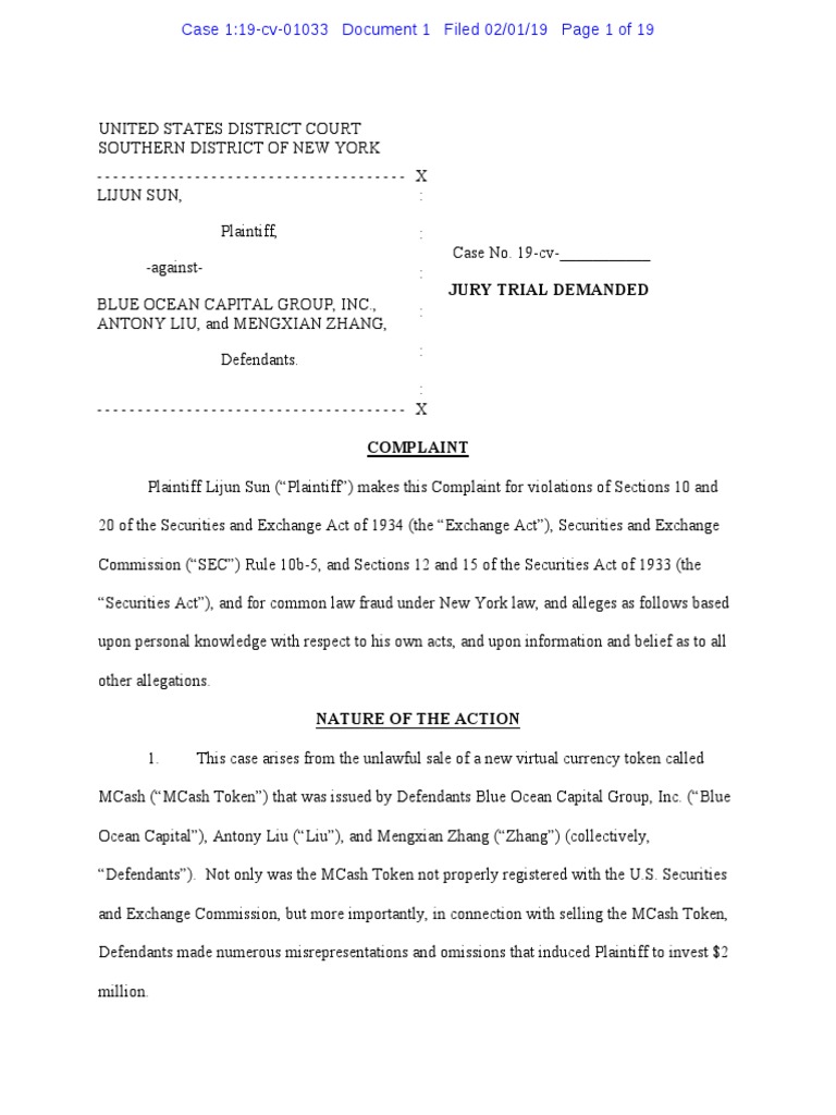 Complaint Against Blue Ocean Capital PDF Securities Act Of 1933