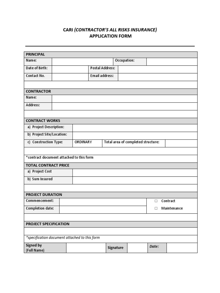 Contractor's All-Risk Insurance Sample Form | PDF