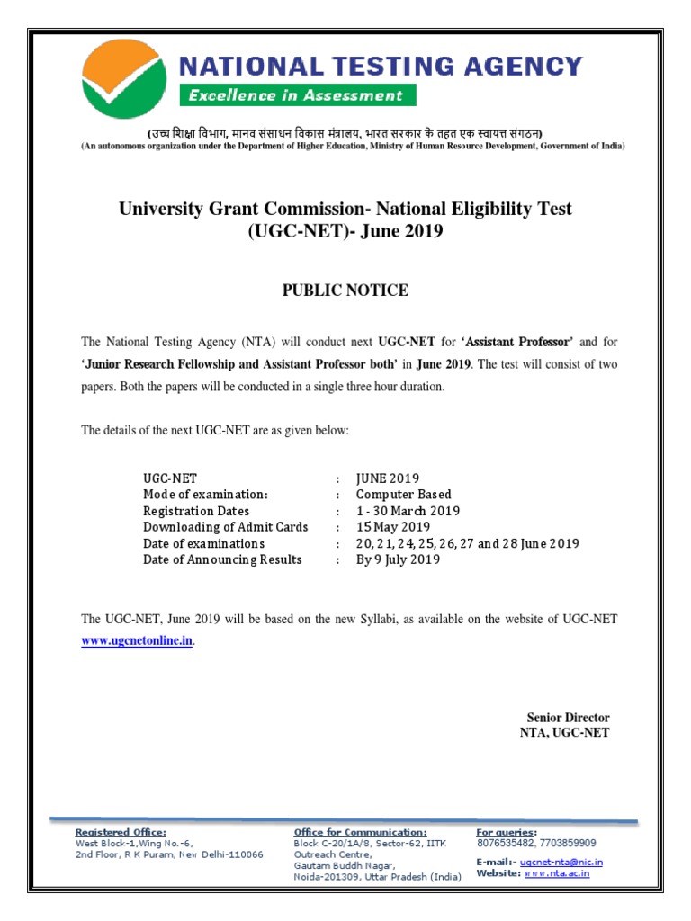 Notification NTA UGC NET June 2019 PDF | PDF