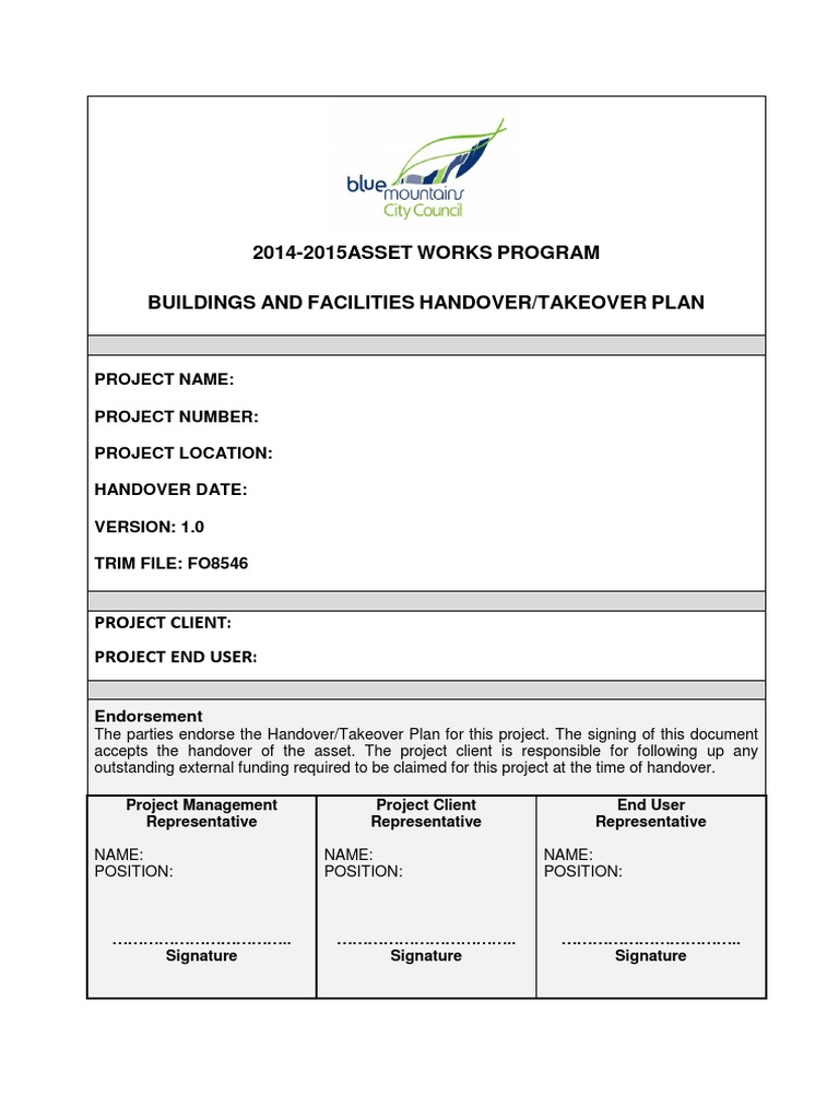 Buildings and Facilities Hand Over Take Over Plan Template | PDF ...