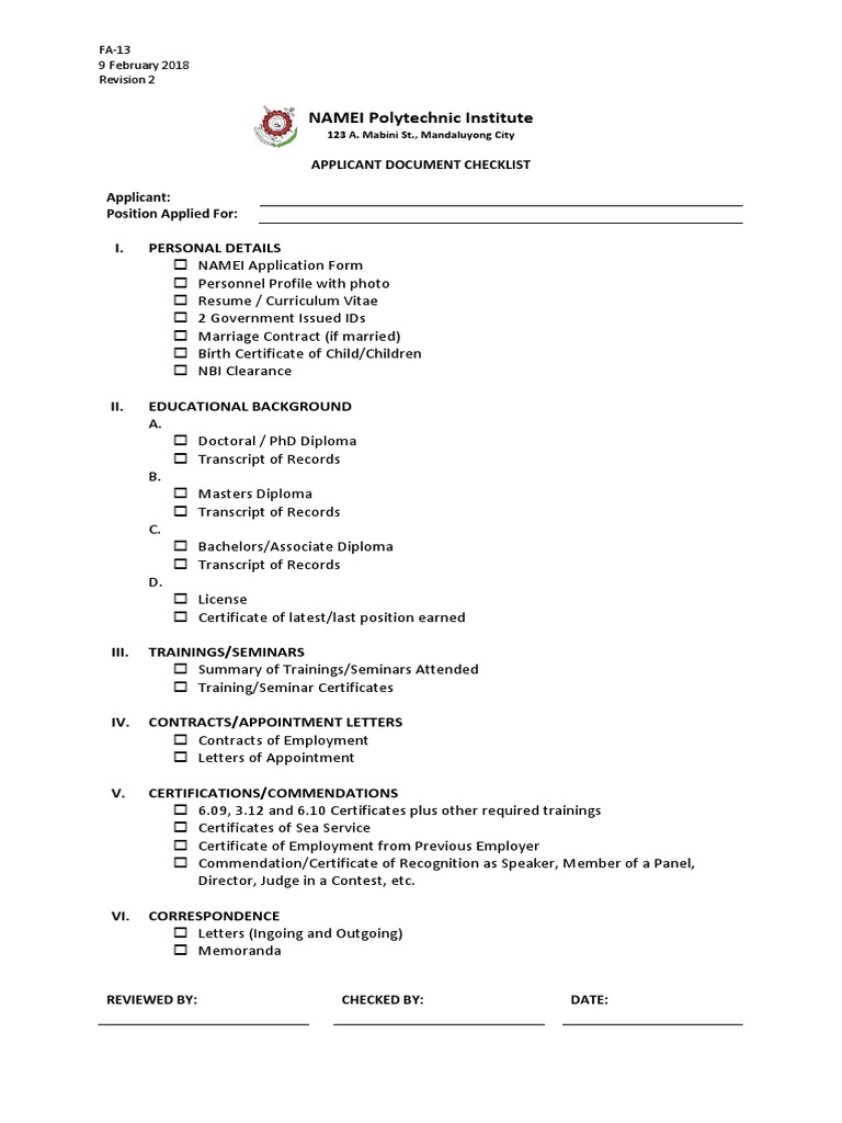 Applicant Document Checklist | PDF