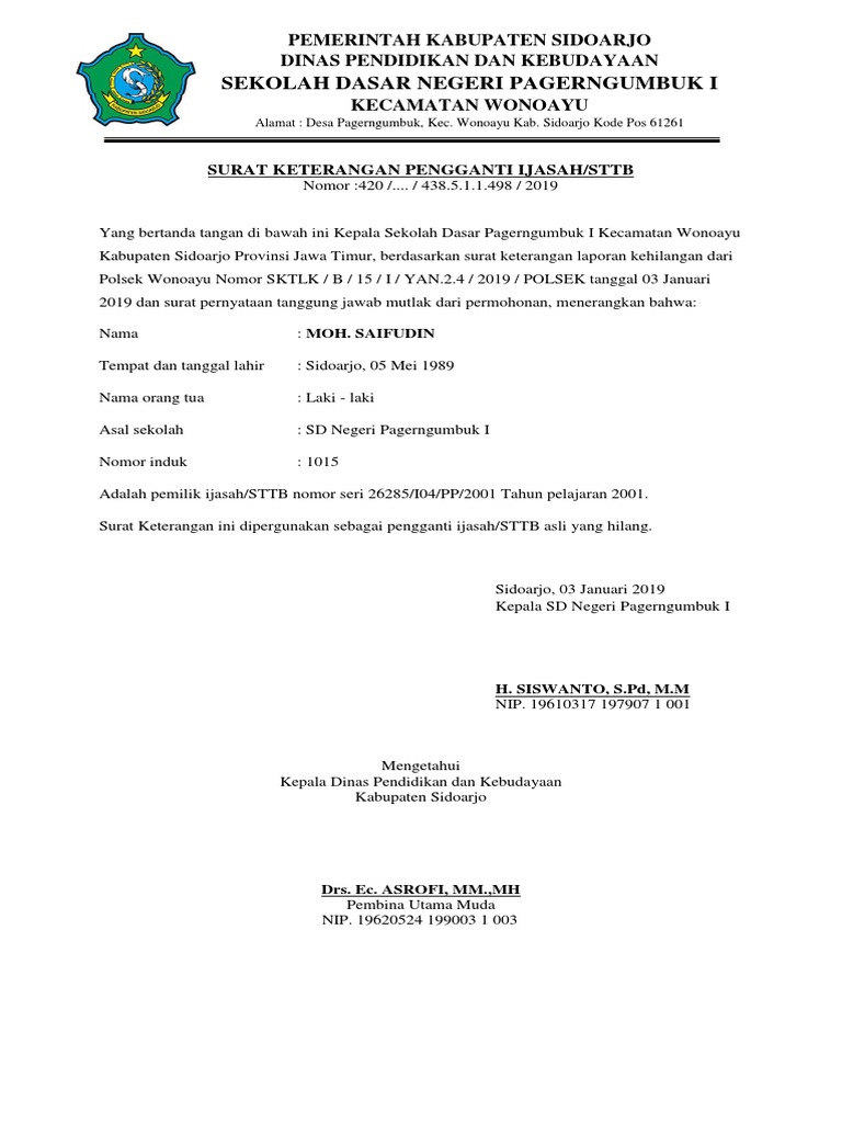 Surat Keterangan Kehilangan STTB | PDF