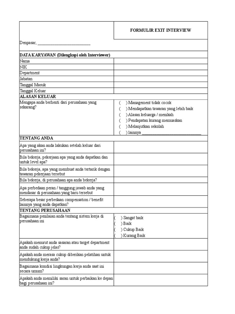Formulir Exit Interview Karyawan Perusahaan Manufaktur di Denpasar | PDF