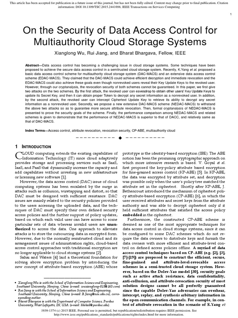 On The Security Of Data Access Control For Multiauthority Cloud Storage Systems Pdf Pdf Key
