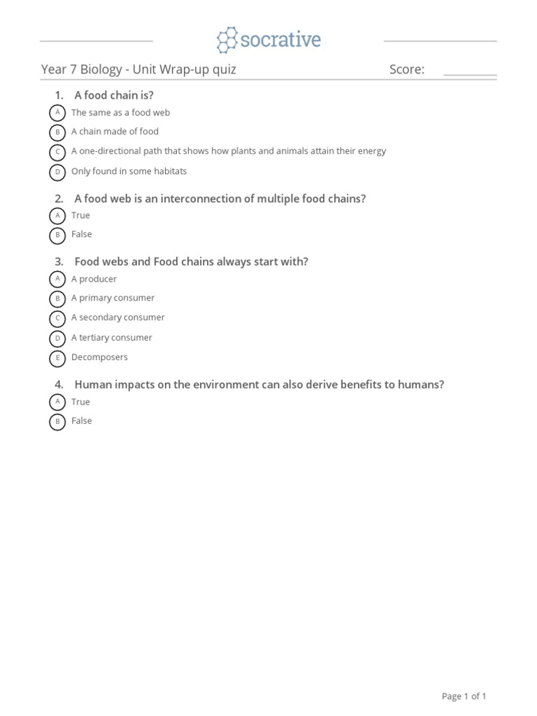 Year 7 Biology Food Chains Quiz | PDF