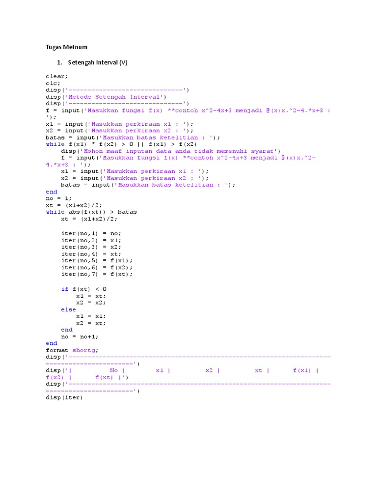 Tugas Metnum 1. Setengah Interval (V) : While | PDF