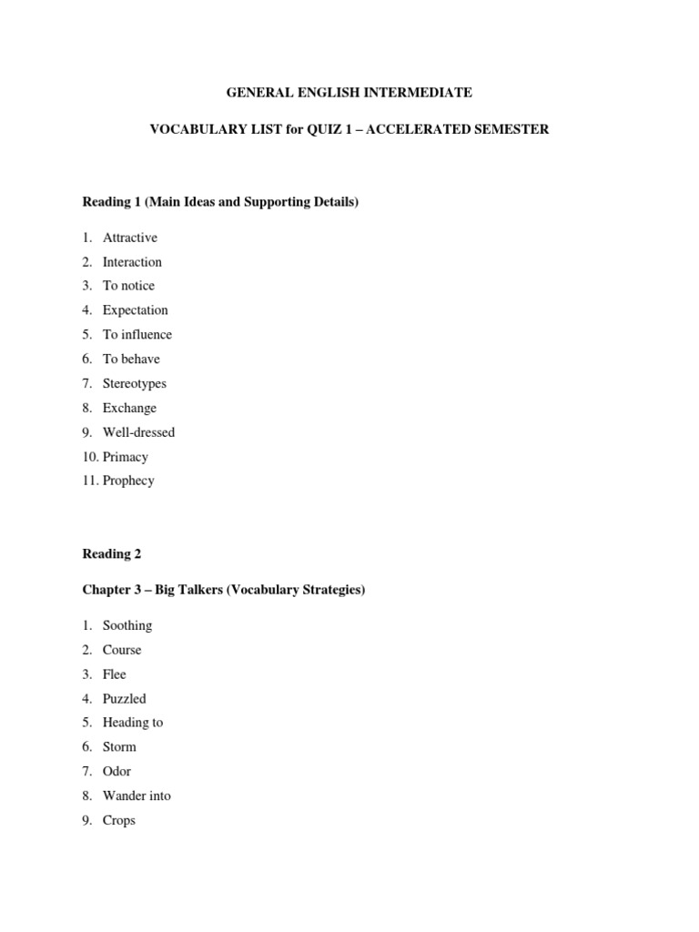 Vocabulary List For Quiz 1 - Accelerated Semester | PDF