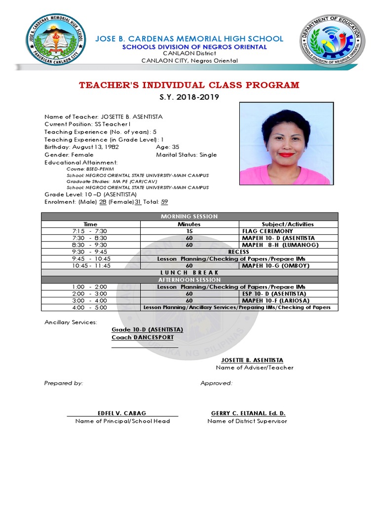 Teacher'S Individual Class Program: Jose B. Cardenas Memorial High ...
